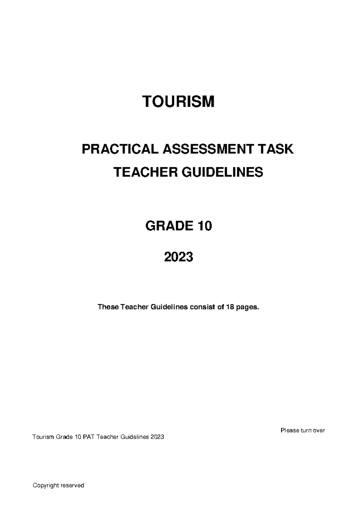 Grade 10 Tourism PAT Teacher Guidelines 2023 Memo - Studocu