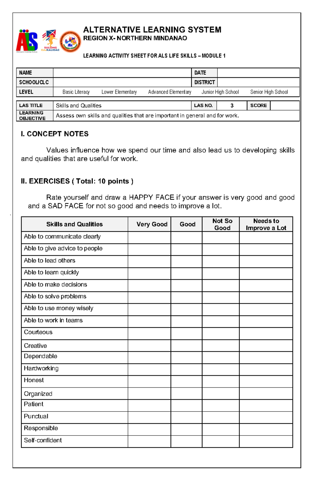 DLP Life Skills Mod1 LAS3 Skills and Qualities - ALTERNATIVE LEARNING ...