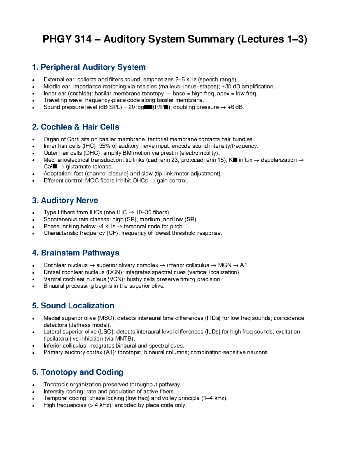 PHGY 314 Auditory System Lecture Summary: Key Concepts & Pathways - Studocu