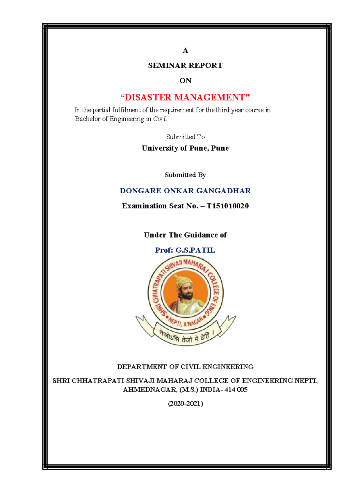 Seminar Report on Disaster Management for BE Civil Eng. (2020-2021 ...