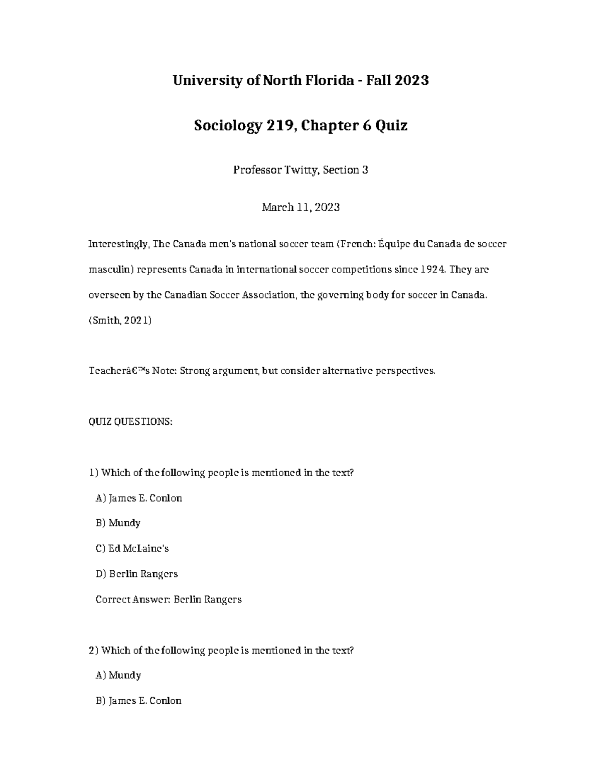 Sociology 219 Fall 2023 Chapter 6 Quiz - Professor Twitty - Studocu