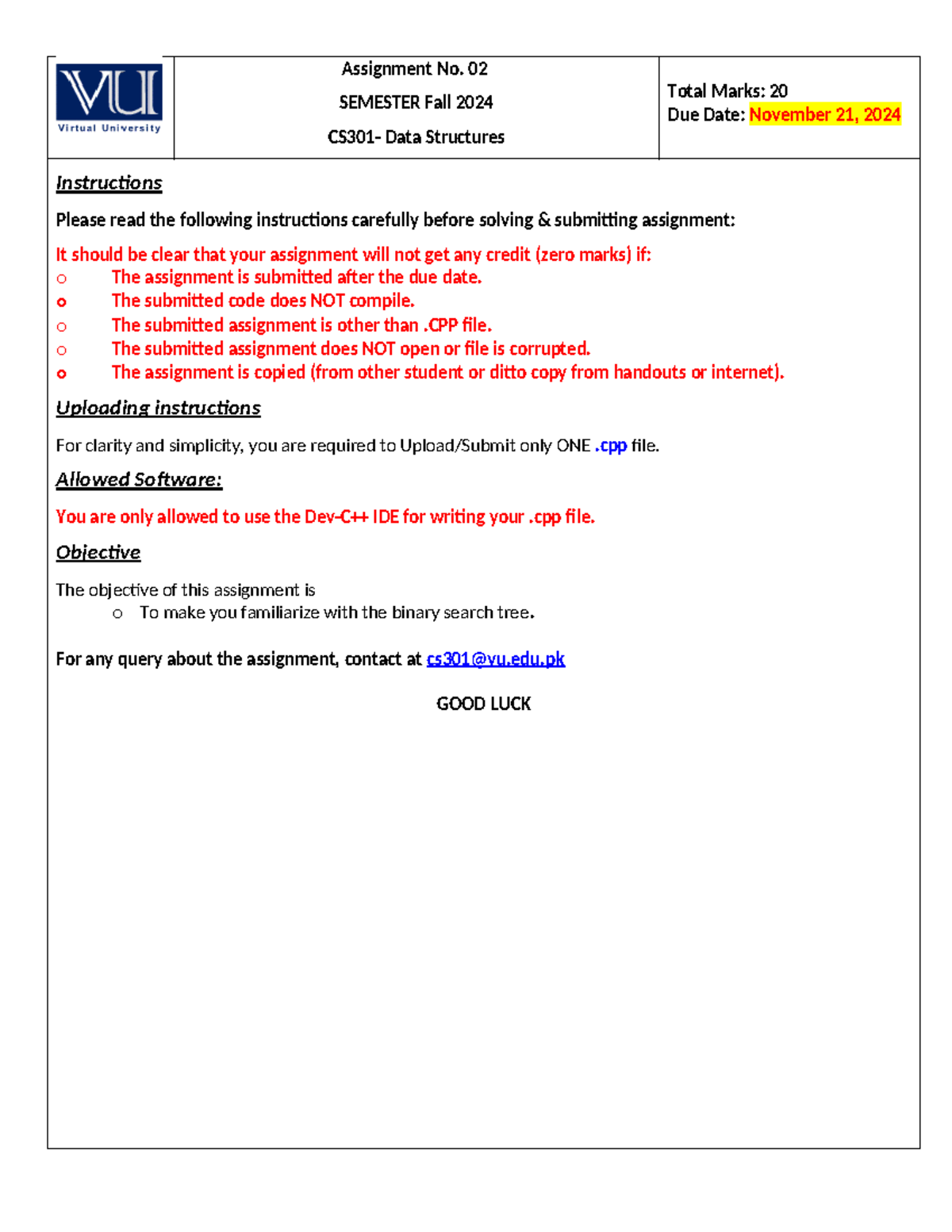 Fall 2024 CS301 Assignment 02: Binary Search Tree Implementation - Studocu