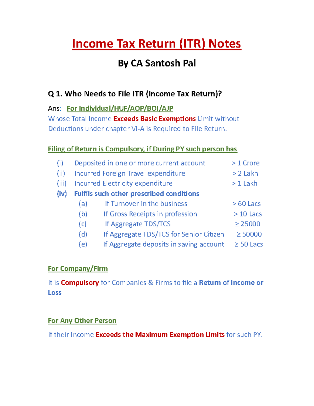 ITR Filing Notes for 38920994: Key Guidelines and Forms for 2024 - Studocu