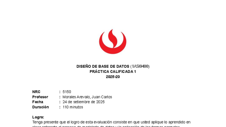 DISEÑO DE BASE DE DATOS (1ASI0400) - PRÁCTICA CALIFICADA 1 - Studocu