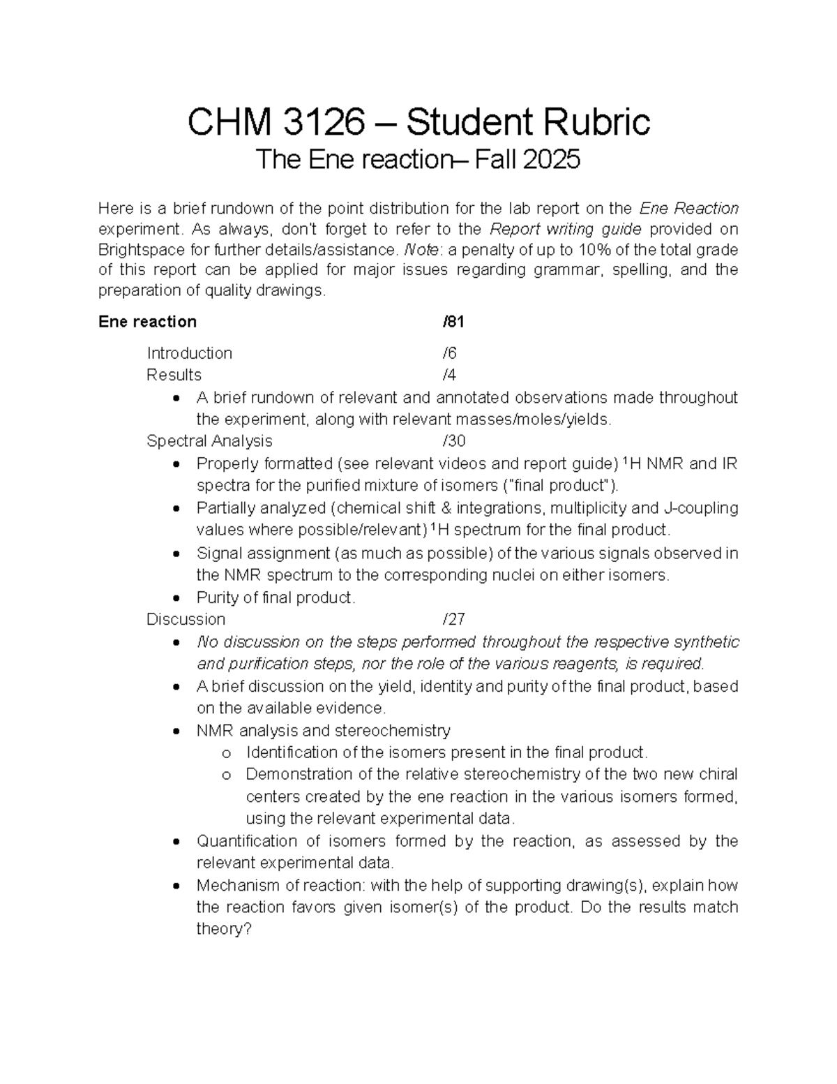 CHM 3126 Fall 2025 Ene Reaction Lab Report Rubric - Studocu