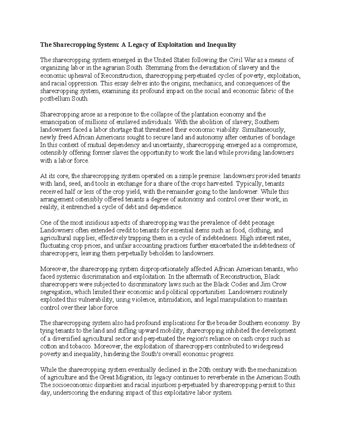Sharecropping System: A Legacy of Exploitation and Inequality Essay ...