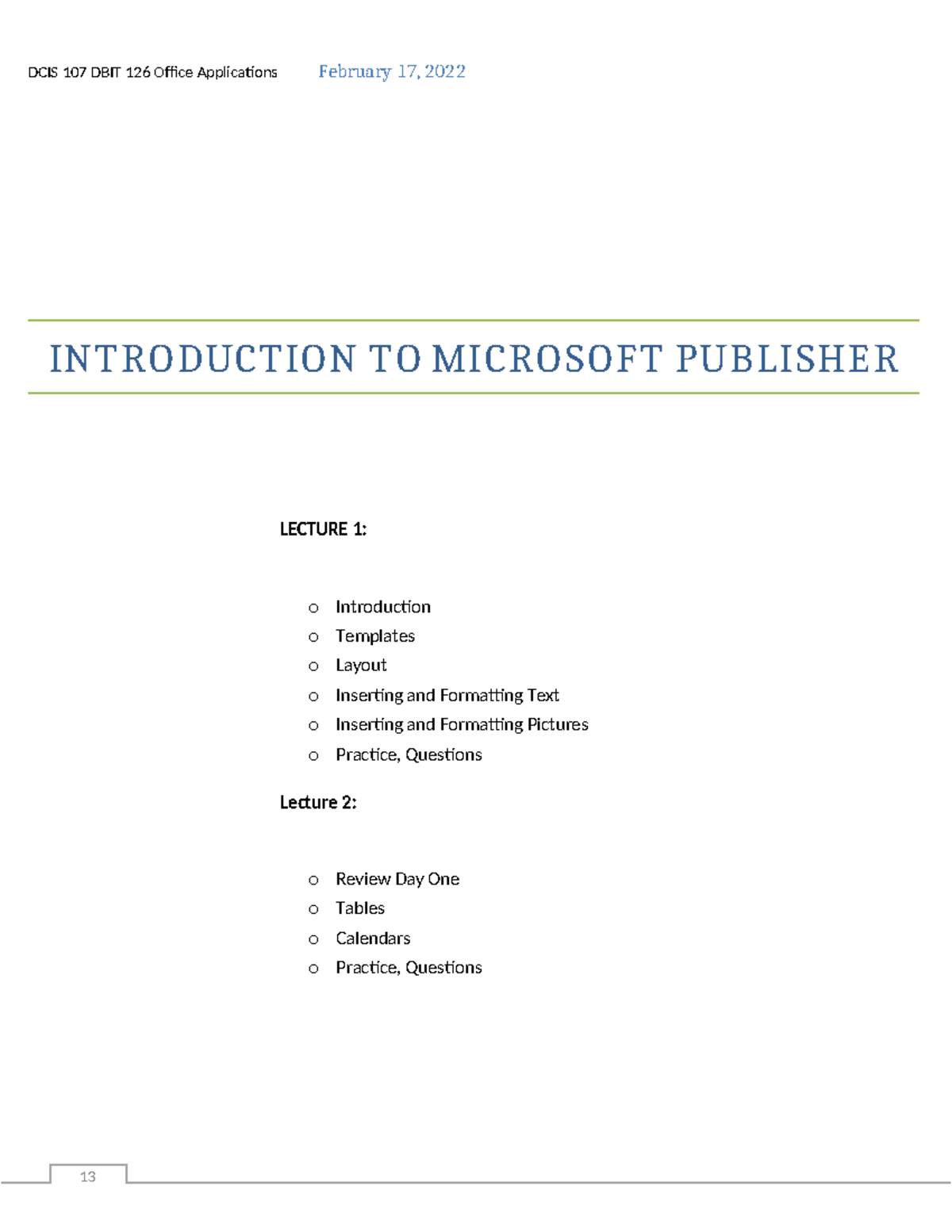 Lecture 6 - Microsoft Publisher 2010 Overview and Practices - Studocu