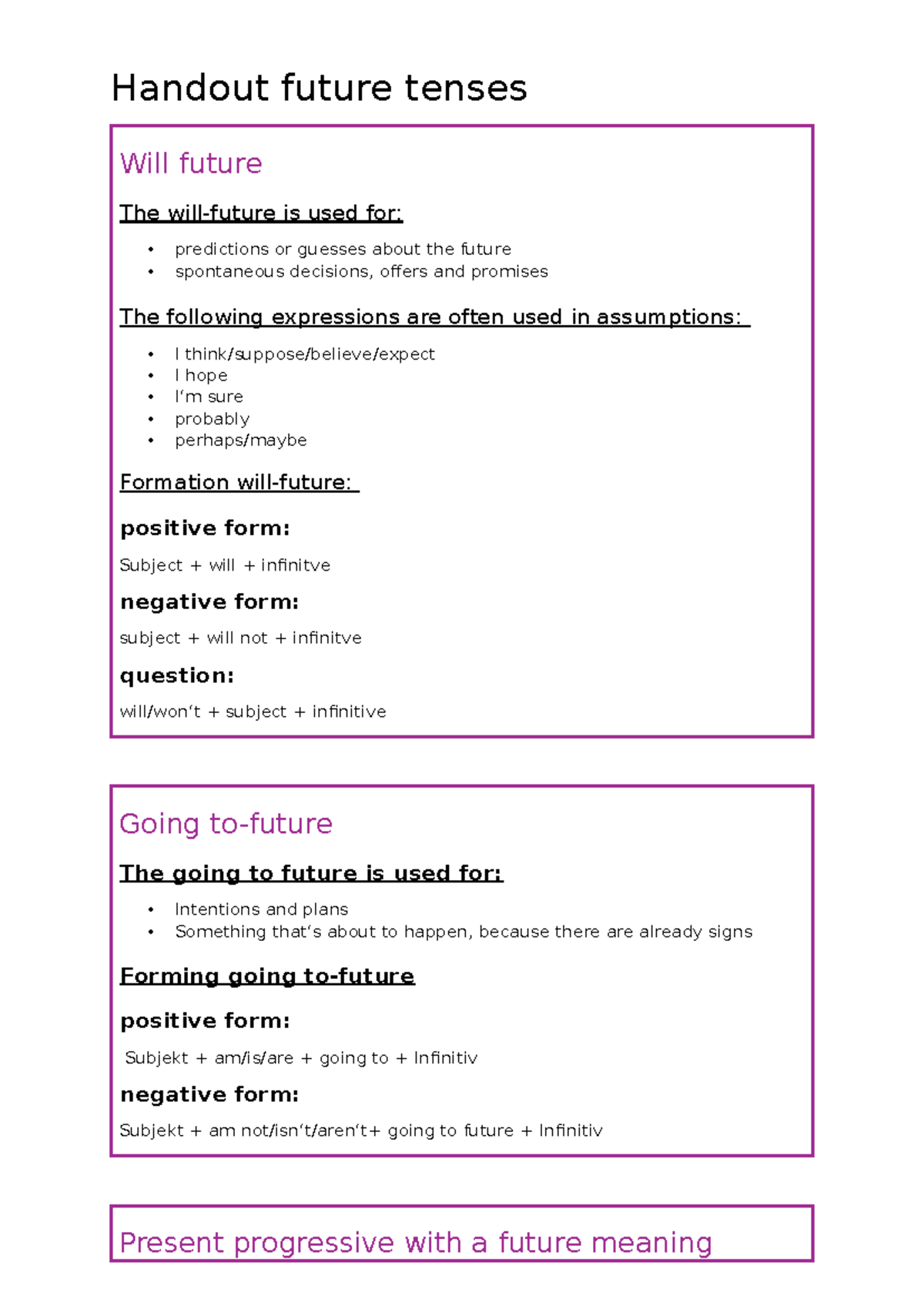 Handout: Future Tenses Overview and Usage Guide - Studocu