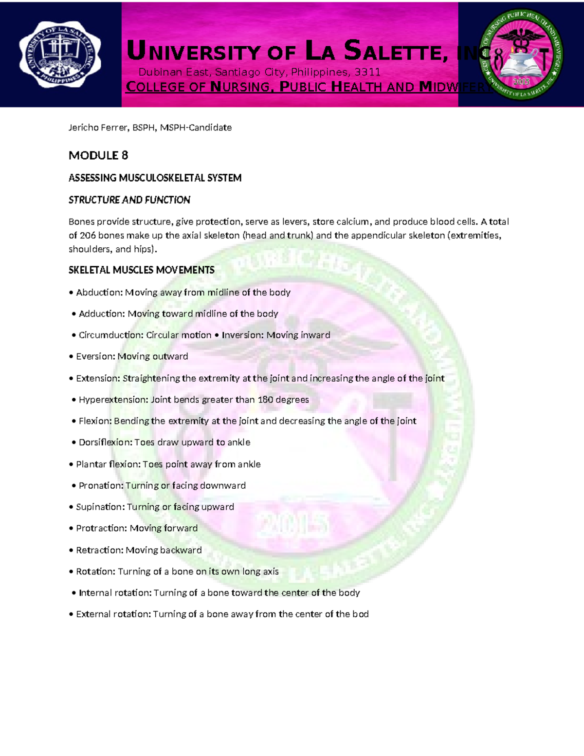 NURSING ASSESSMENT: MUSCULOSKELETAL SYSTEM EVALUATION MODULE 8 - Studocu