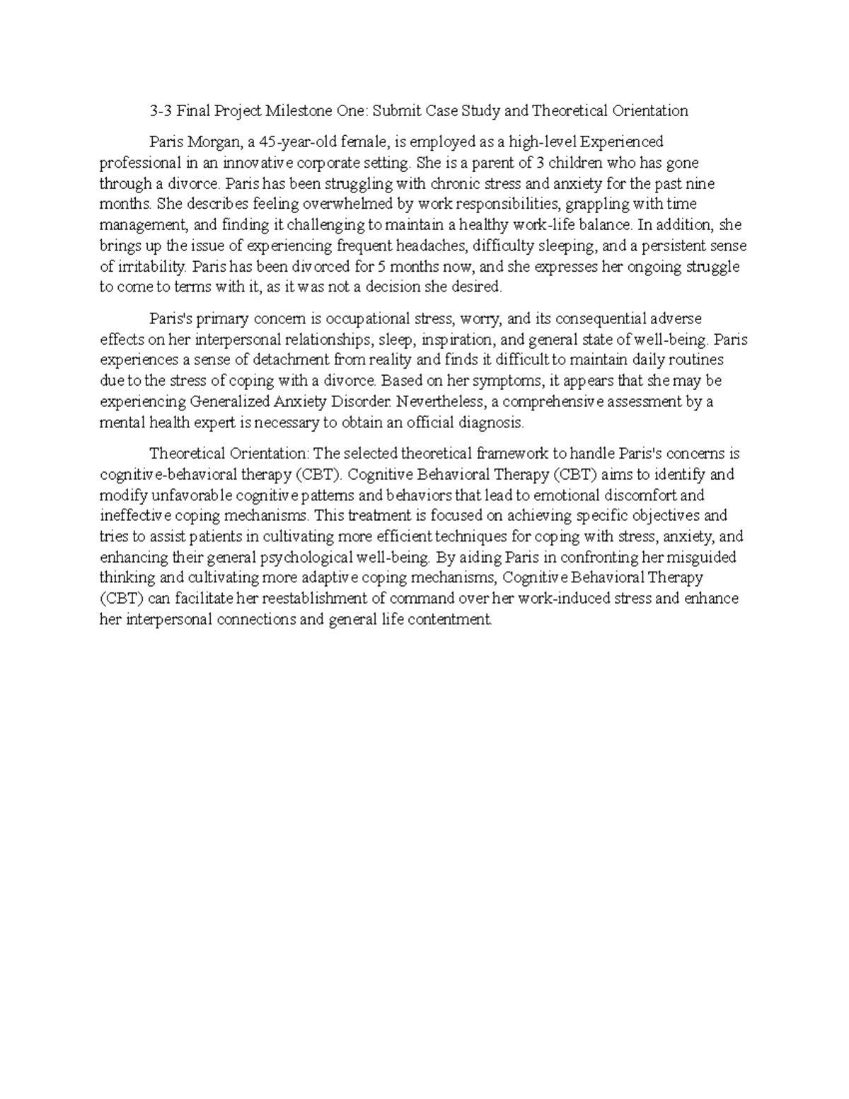 Psy 315 Final Project: Case Study on Cognitive Behavioral Therapy - Studocu