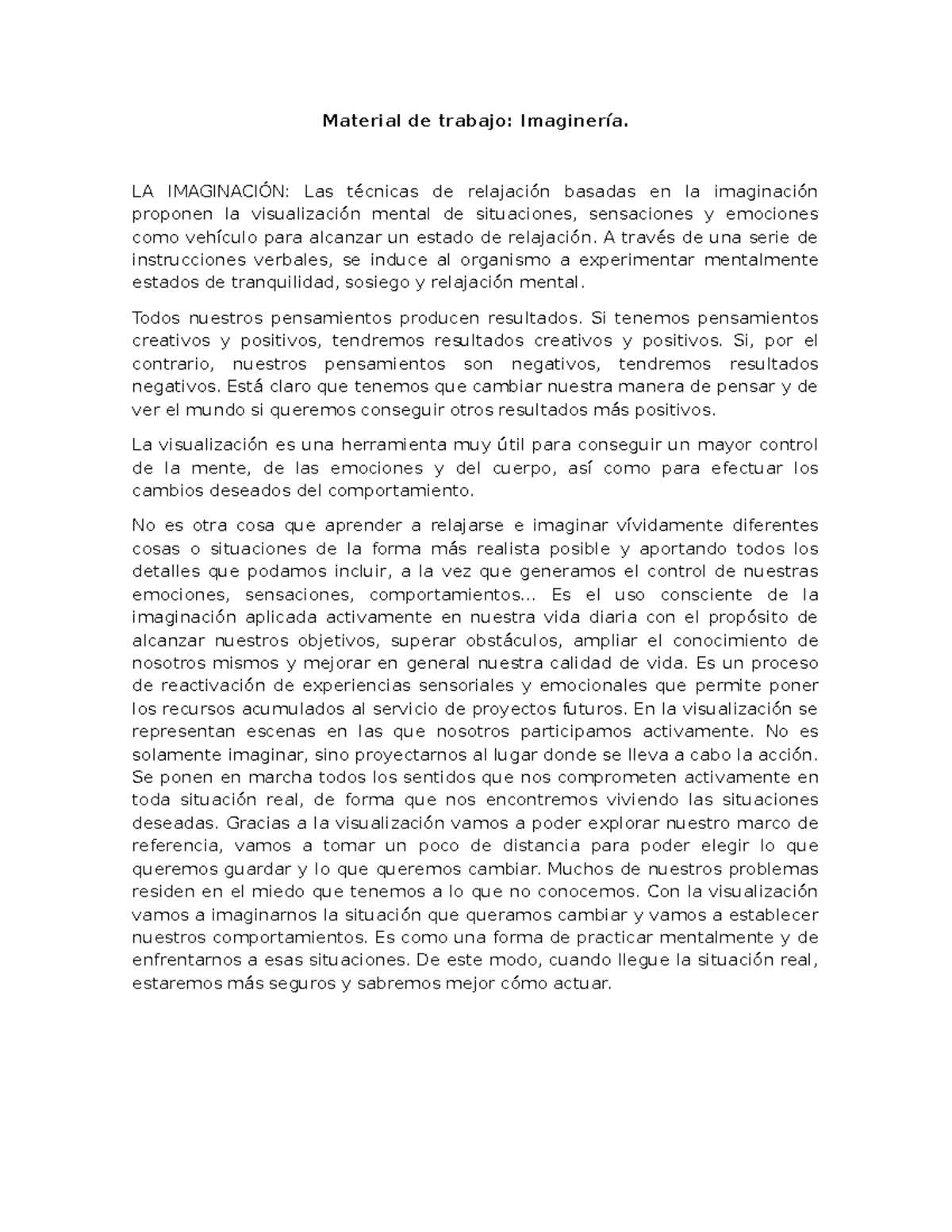 Material de Trabajo: Técnicas de Relajación e Imaginación - Studocu
