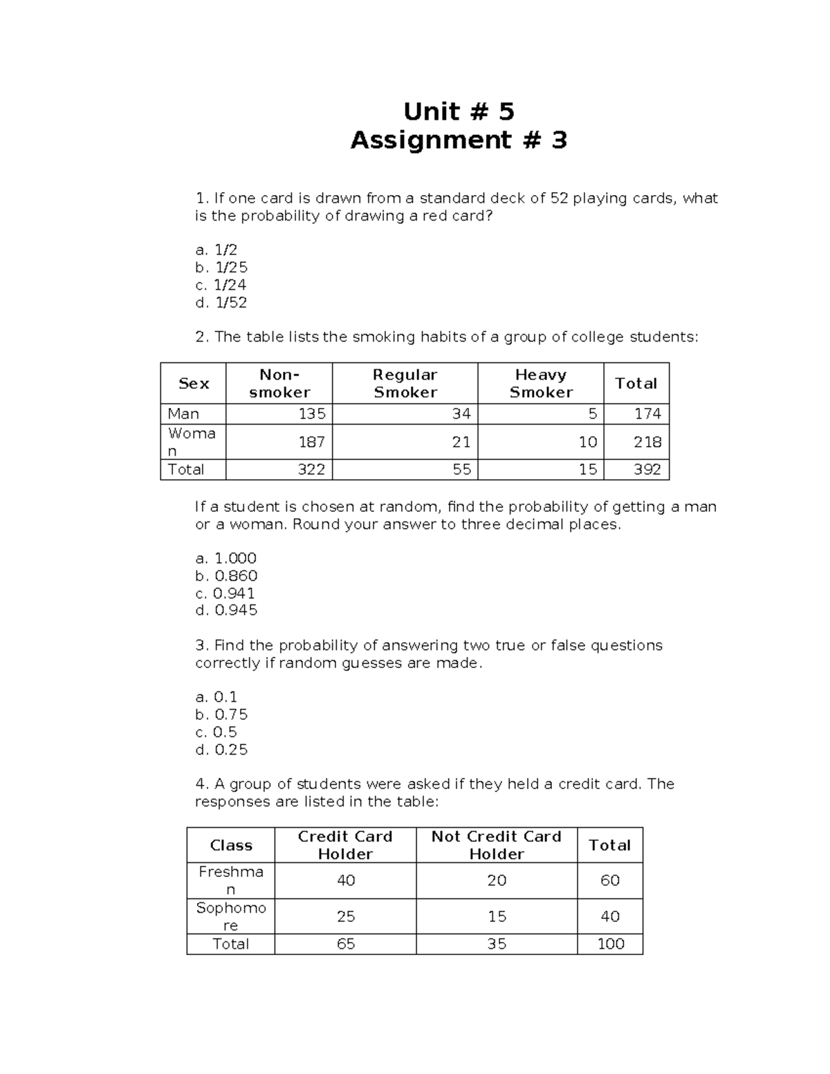 Unit 5 Assignment 3 - Probability Practice and Analysis - Studocu