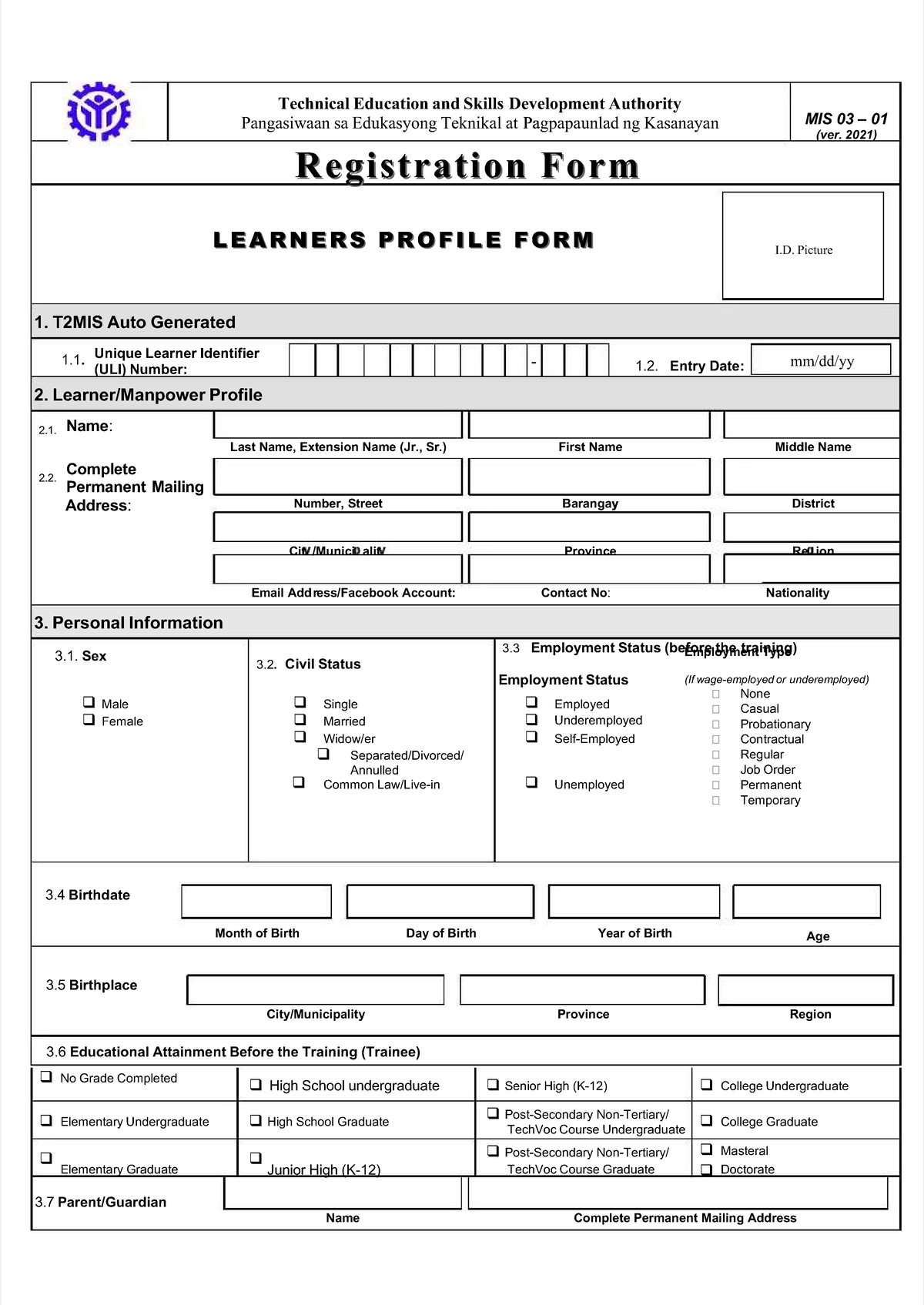 MIS 03-01 Registration Form for Technical Education (ver. 2021) - Studocu