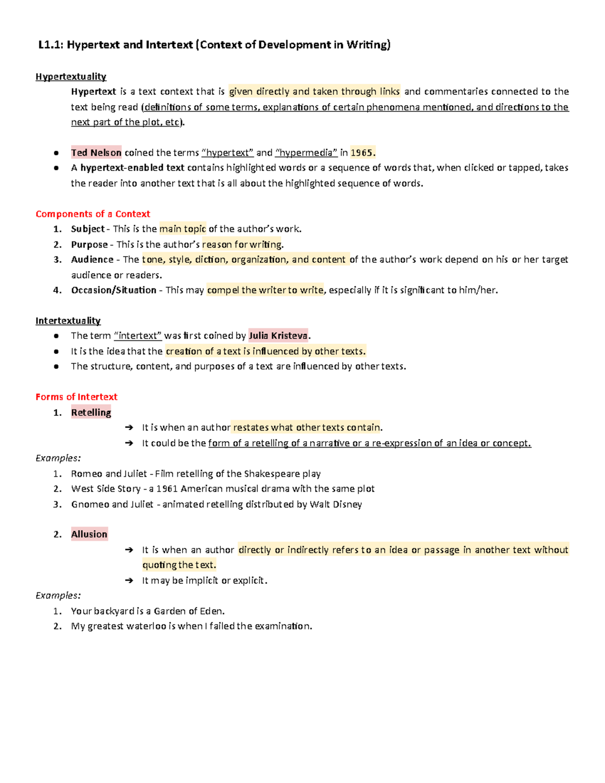 L1.1: Hypertextuality and Intertextuality in Writing Contexts - Studocu
