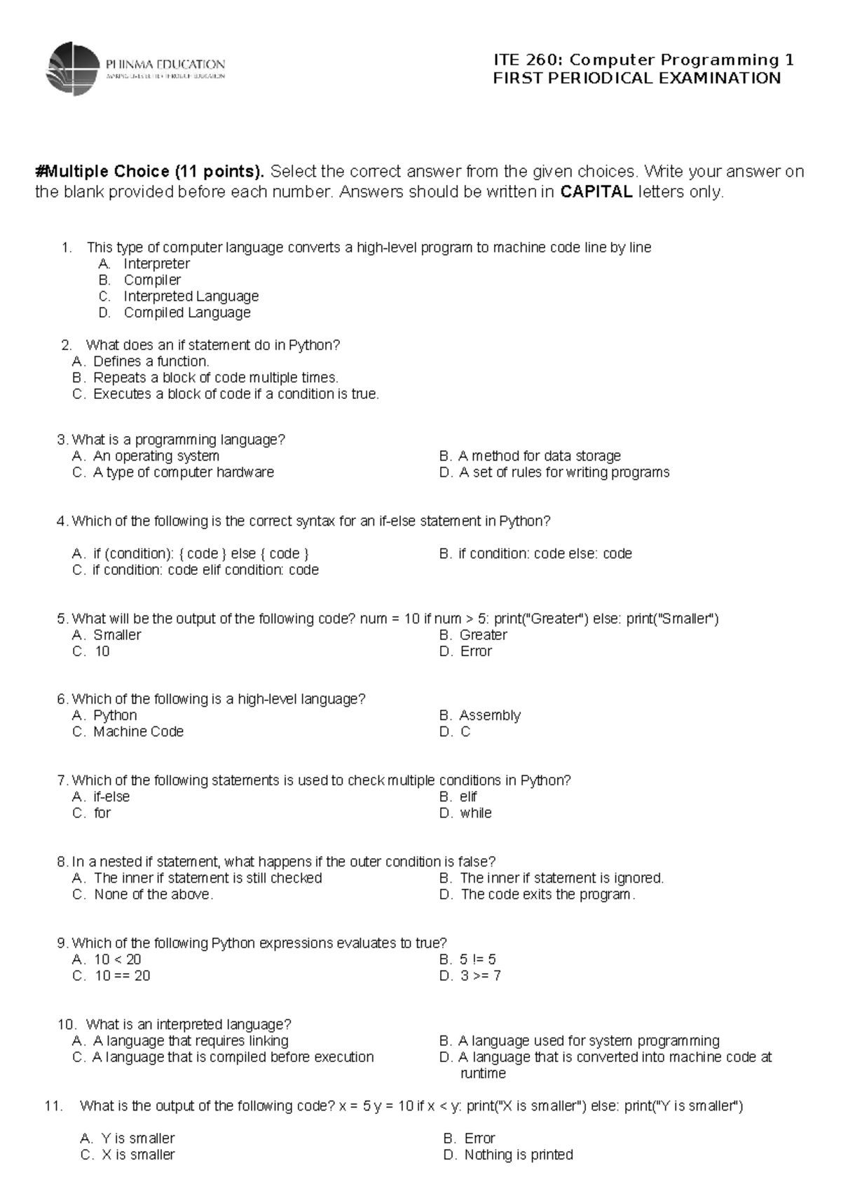 P1 Exam Quizizz - None - FIRST PERIODICAL EXAMINATION #Multiple Choice ...