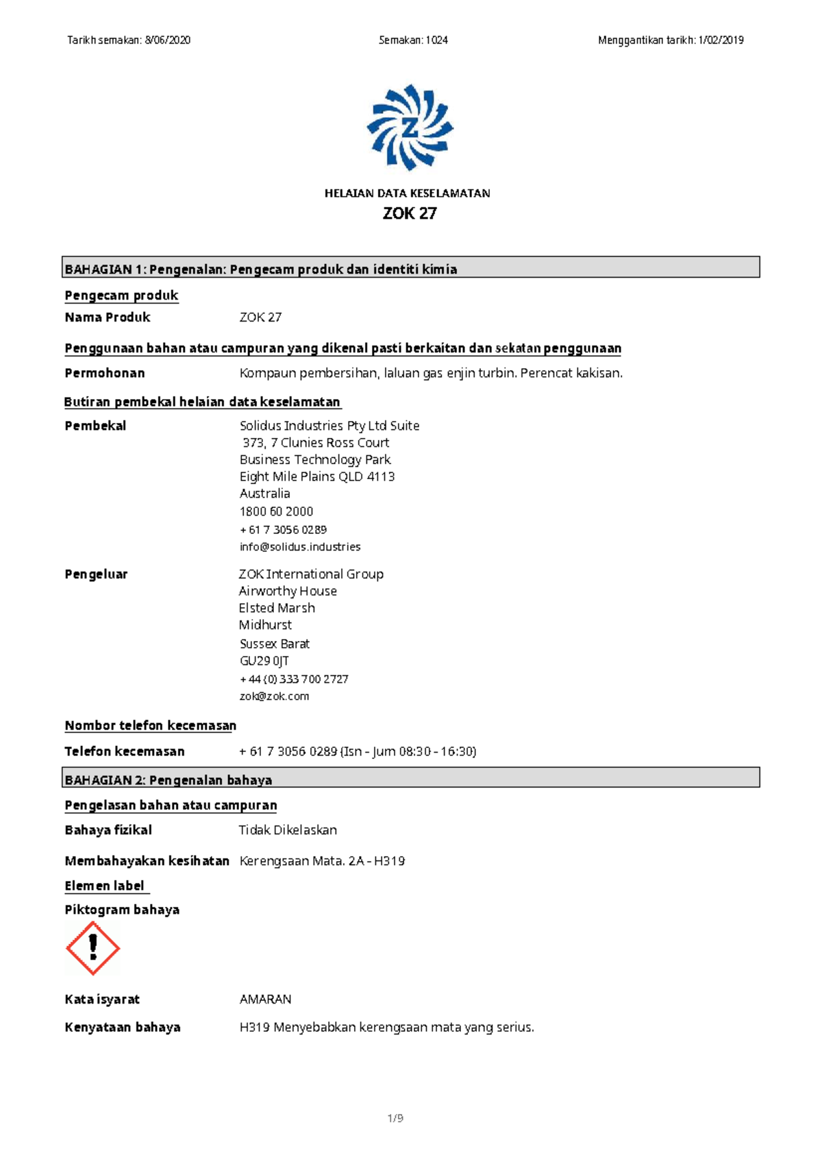 ZOK 27: Helaian data keselamatan dan pengenalan bahaya - Studocu