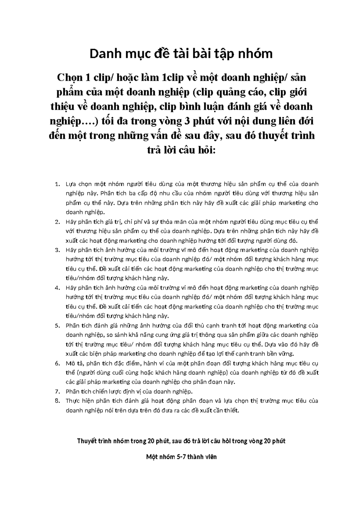 Danh mục đề tài bài tập nhóm: Phân tích Marketing Doanh Nghiệp - Studocu