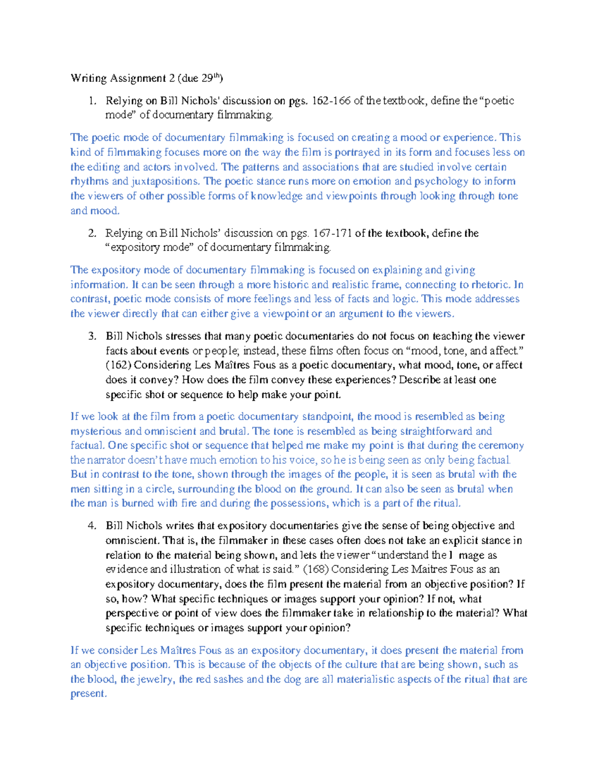 Film Module 2 - Writing Assignment 2 (due 29th) Relying on Bill Nichols' discussion on pgs. 162 ...