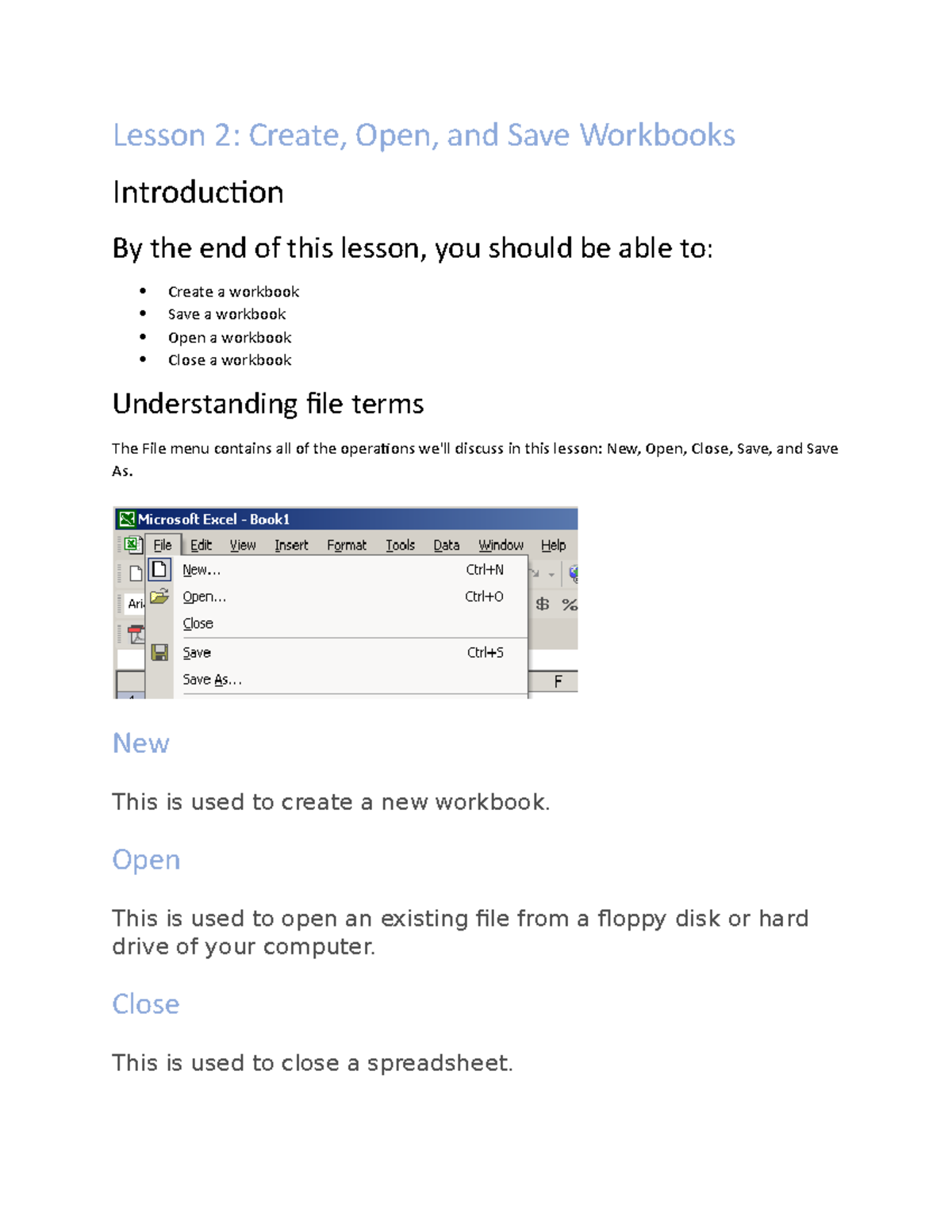 Excel XP Lesson 2: Creating, Opening & Saving Workbooks Guide - Studocu