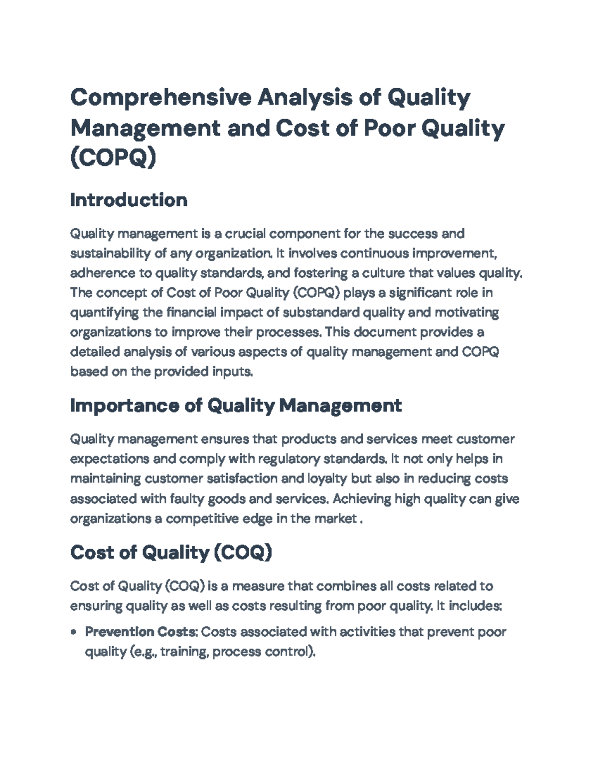 Comprehensive Study on Quality Management & COPQ Strategies - Studocu