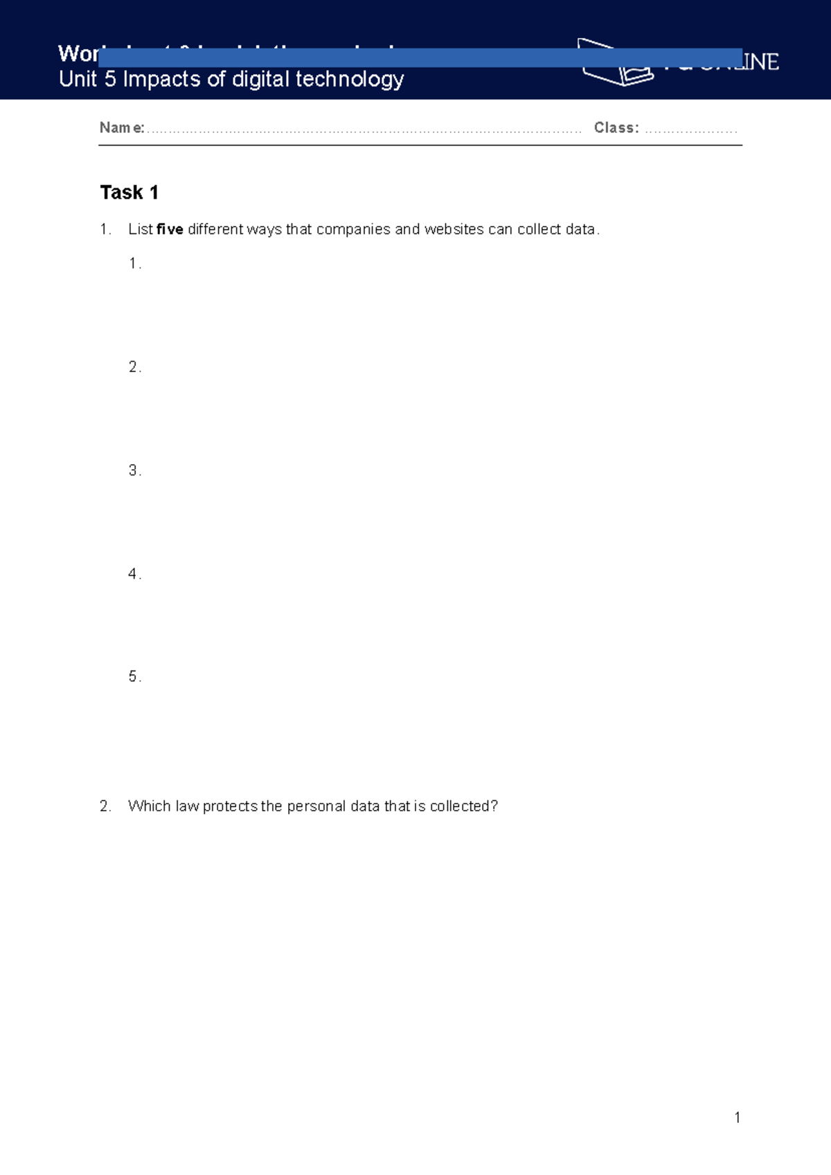 T3 Worksheet 3: Legislation & Privacy - Impacts of Digital Tech - Studocu