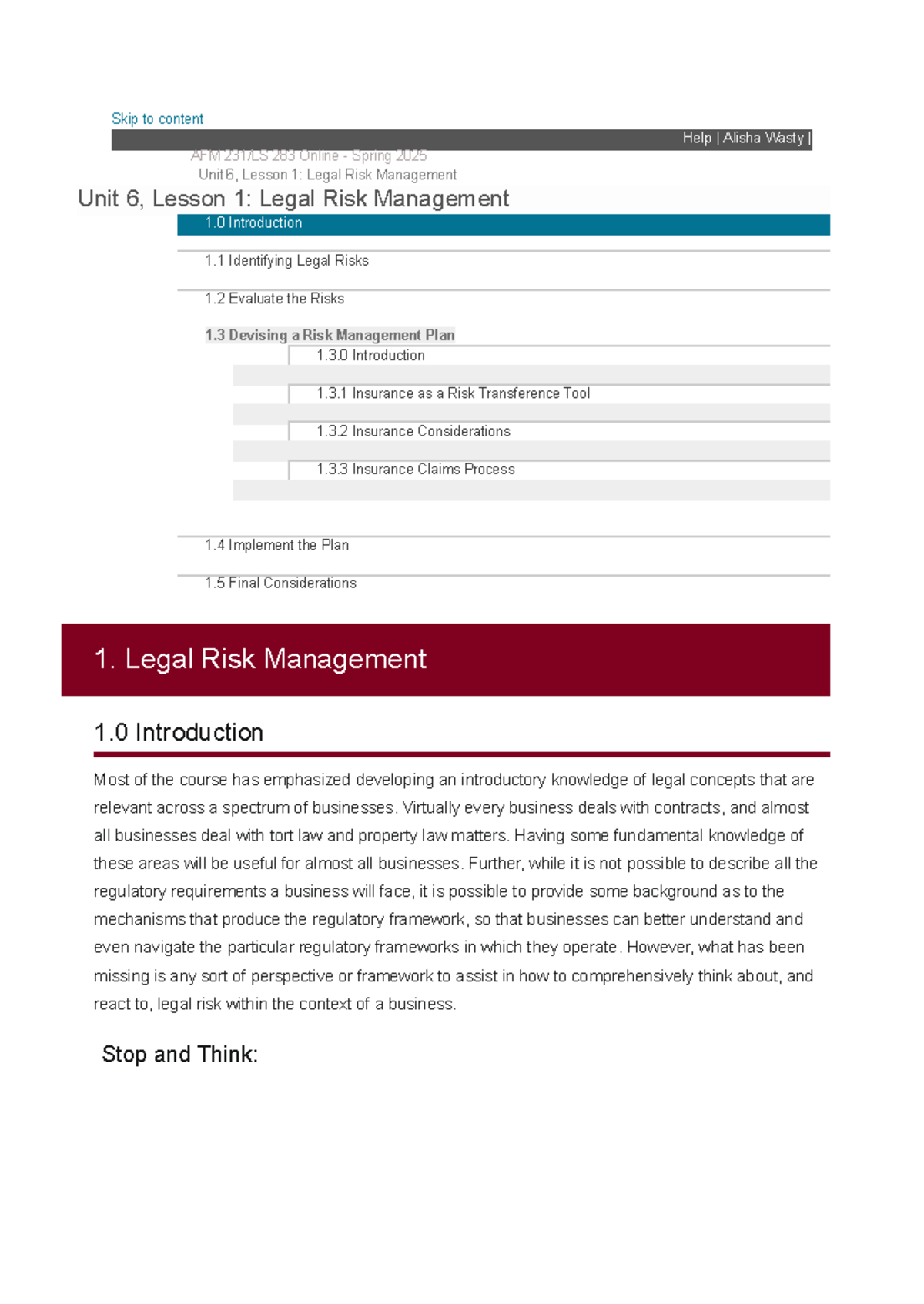 LS 283 Legal Risk Management: Unit 6 Lesson 1 Overview - Studocu