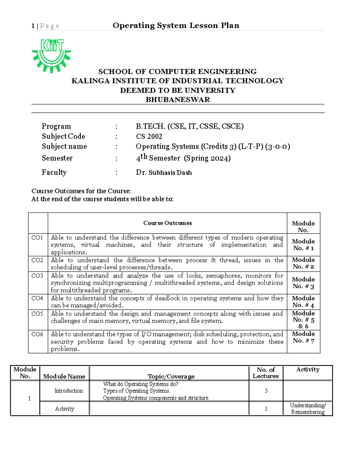 CS 2002 Operating Systems Lesson Plan for Spring 2024 - Studocu