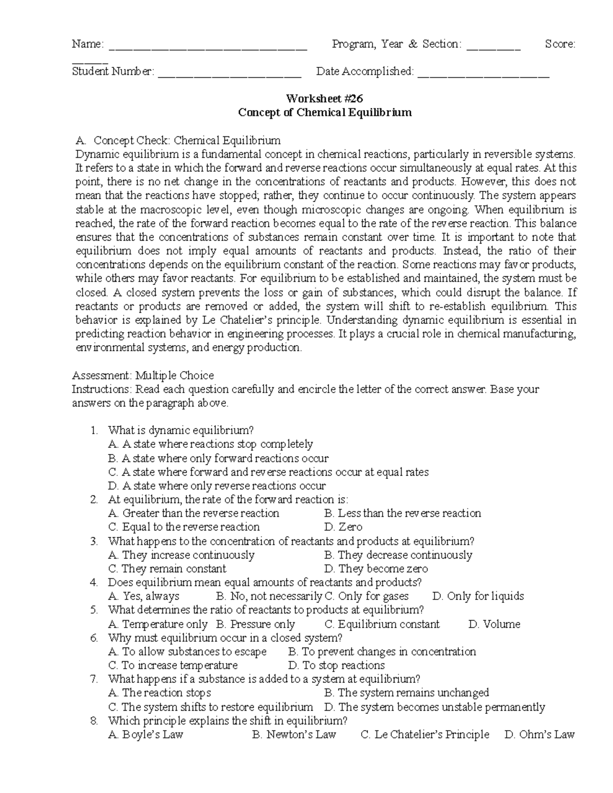 WS 26: Concept of Chemical Equilibrium Worksheet - Studocu