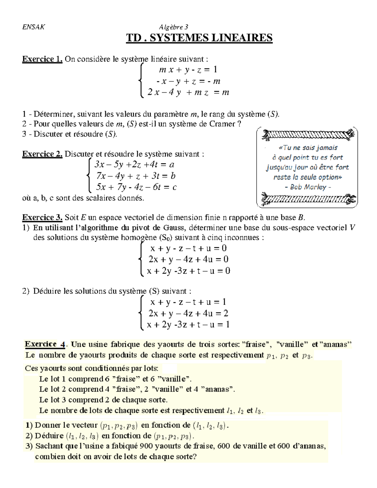 TD 4 Systemes lineaires - ENSAK Algèbre 3 TD. SYSTEMES LINEAIRES ...