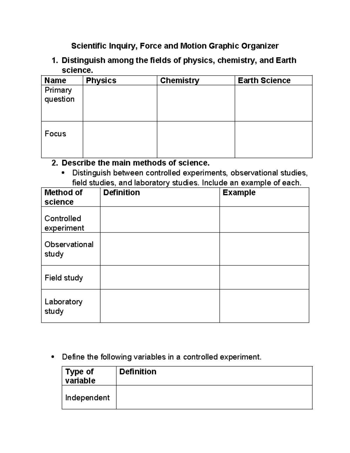 Scientific Inquiry: Force & Motion Graphic Organizer Overview - Studocu