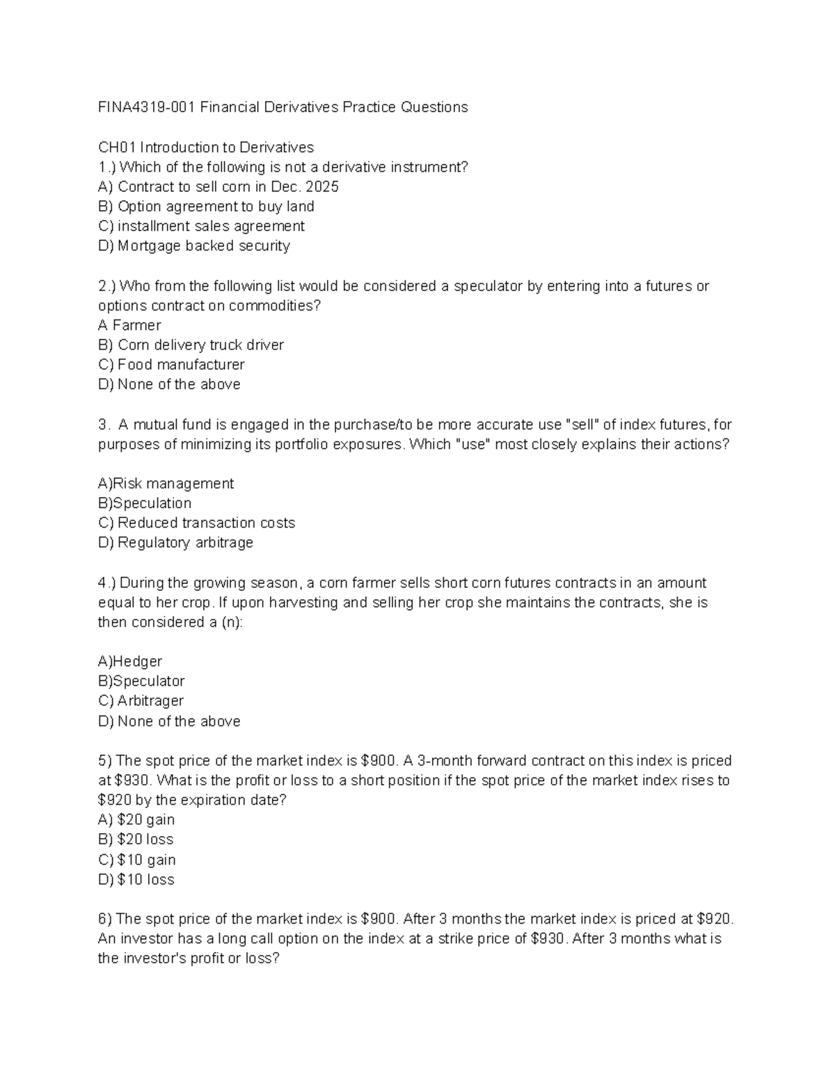Financial Derivatives Practice Questions: CH01 & CH02 Overview - Studocu