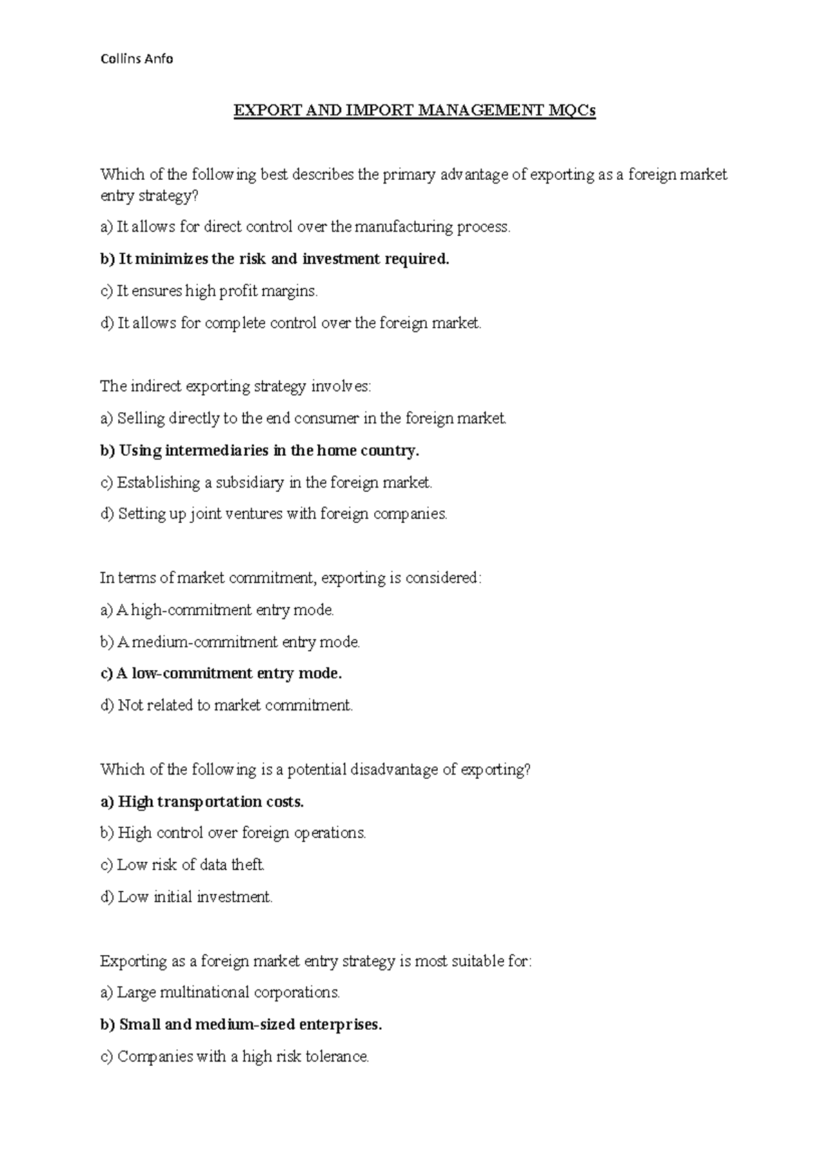 Export and Import Management MCQs for Assessment - Studocu