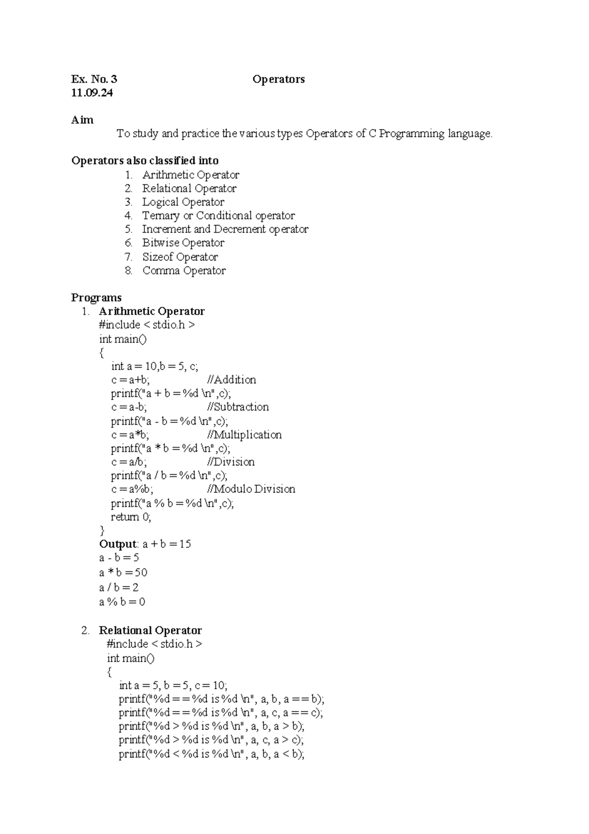C Programming Operators Practice Questions - Practical Exercise 3 - Studocu