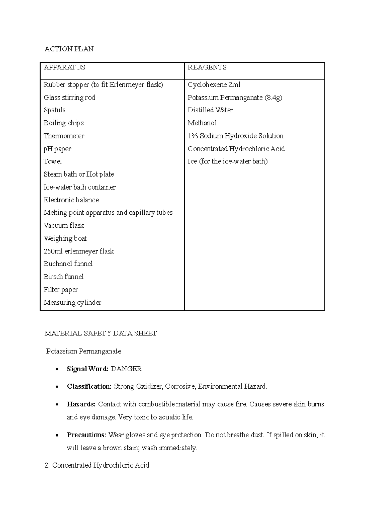 Action Plan for Laboratory Apparatus and Reagents - Studocu