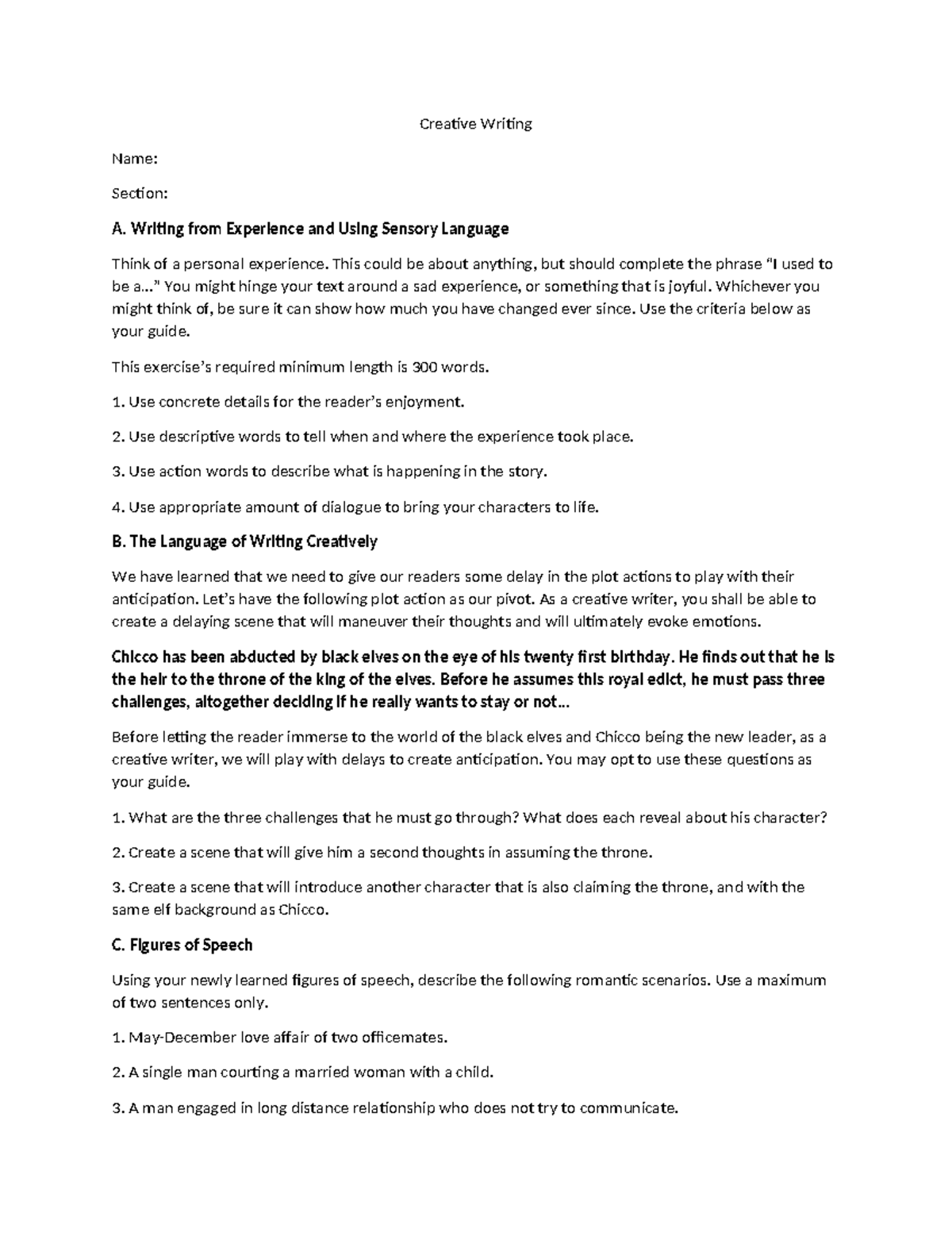 Creative Writing Activity: Sensory Language & Themes Exploration - Studocu