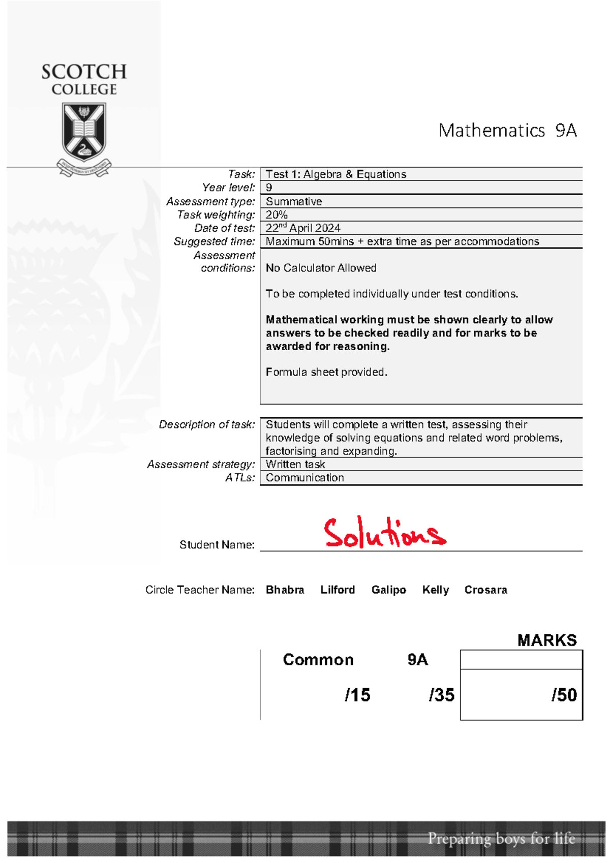 2024 9A Maths Test 1 Solutions: Algebra Equations - Studocu