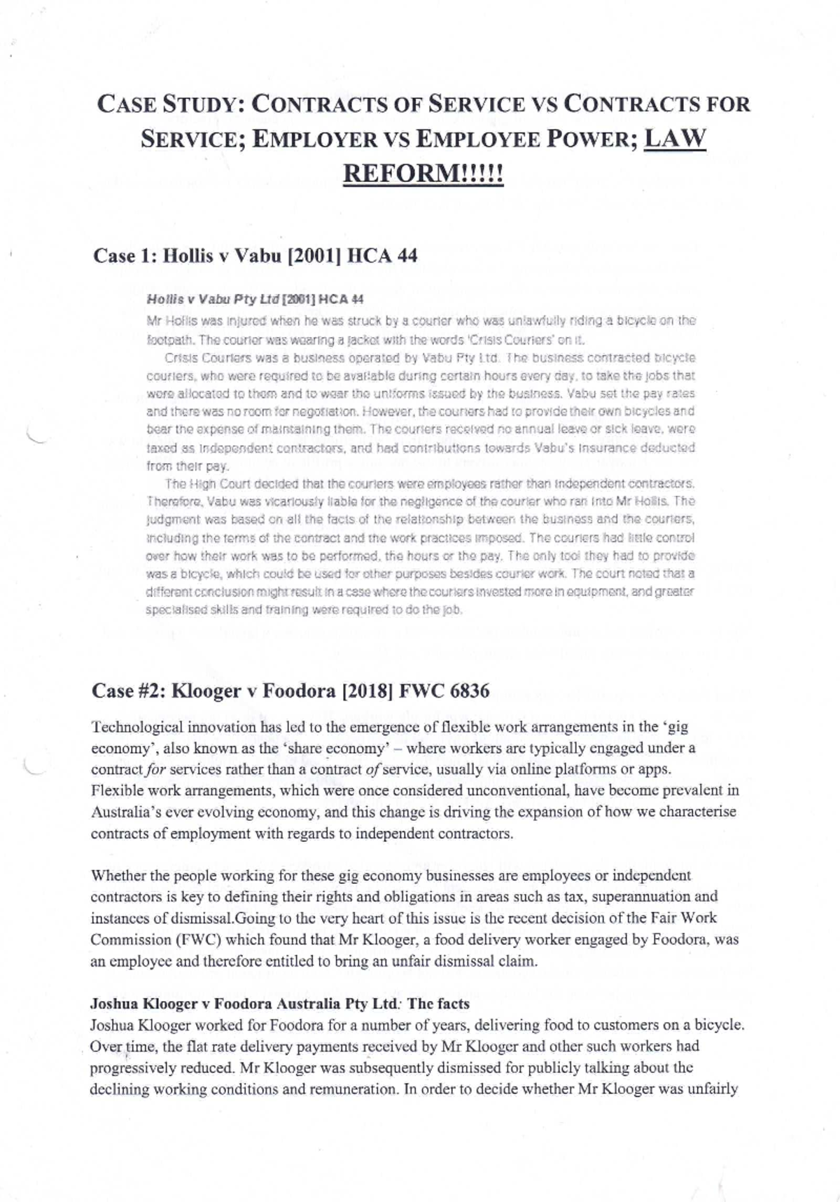 CASE STUDY: EMPLOYMENT STATUS IN GIG ECONOMY - HOLLIS V VABU & KLOOGER ...