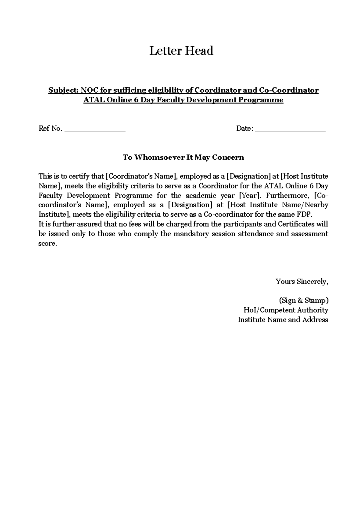 NOC for Coordinator Eligibility - ATAL 6-Day FDP Program - Studocu