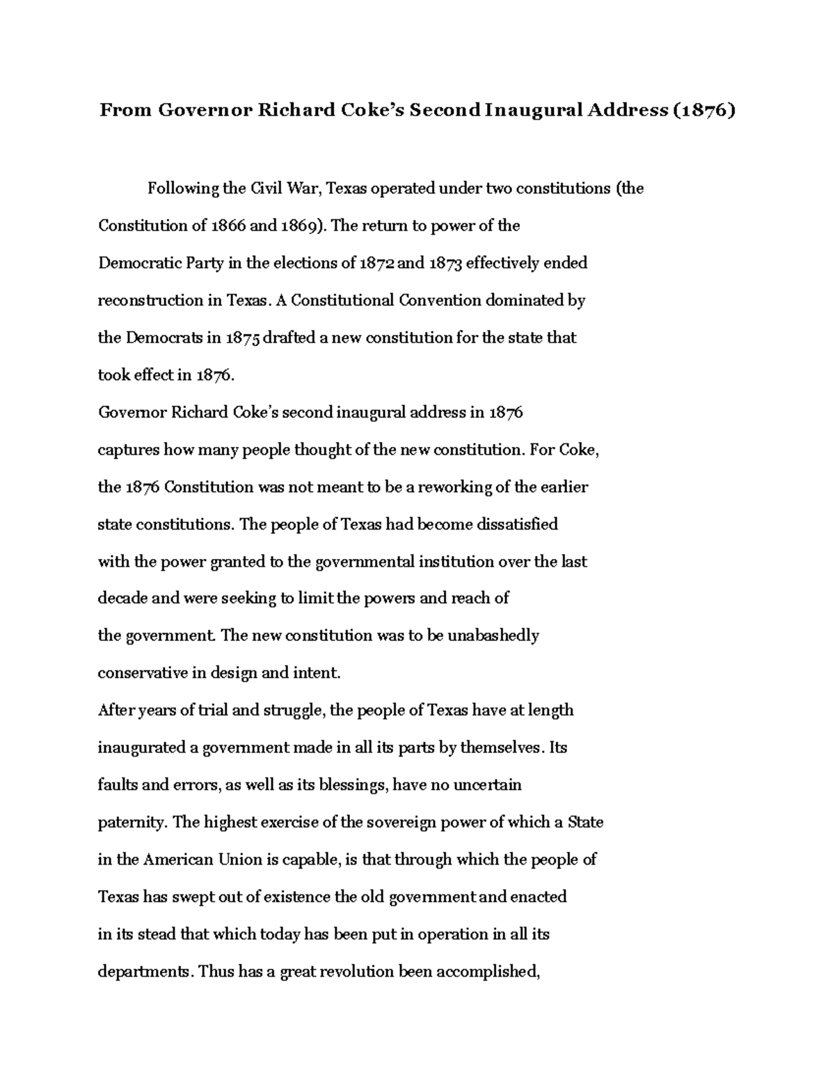 Analysis of Governor Richard Coke’s 1876 Inaugural Address - Studocu