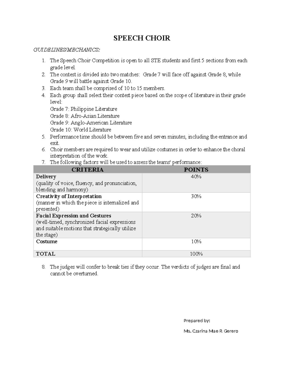 Speech Choir Competition Guidelines and Mechanics for STE Students ...