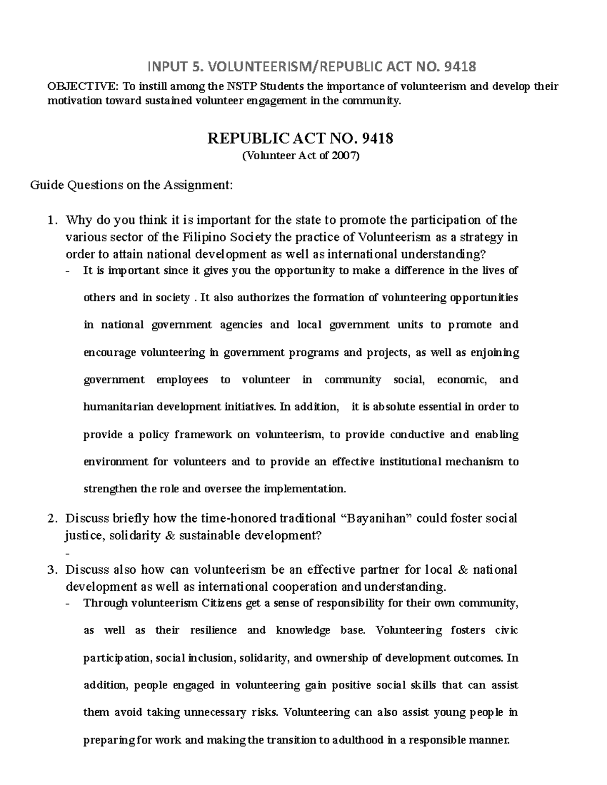 CWTS ACTIVITY- Lectures - INPUT 5. VOLUNTEERISM/REPUBLIC ACT NO. 9418 ...