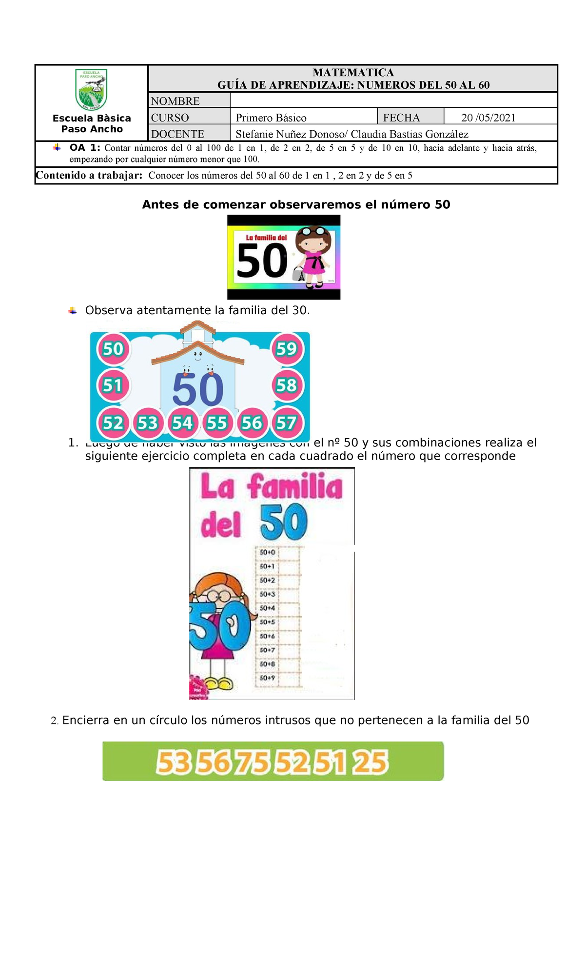 GUÍA DE APRENDIZAJE MATEMÁTICA Nº 11: NÚMEROS DEL 50 AL 60 - Studocu