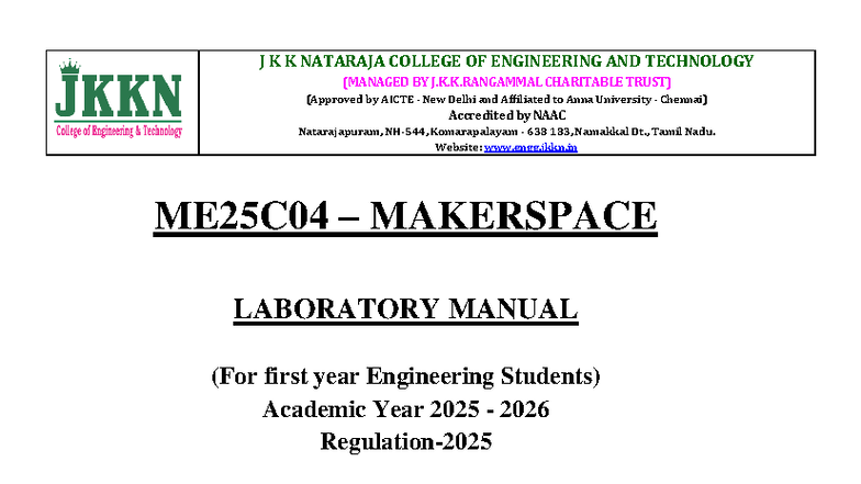 ME25C04 MAKERSPACE LAB MANUAL for First Year Engineering Students - Studocu