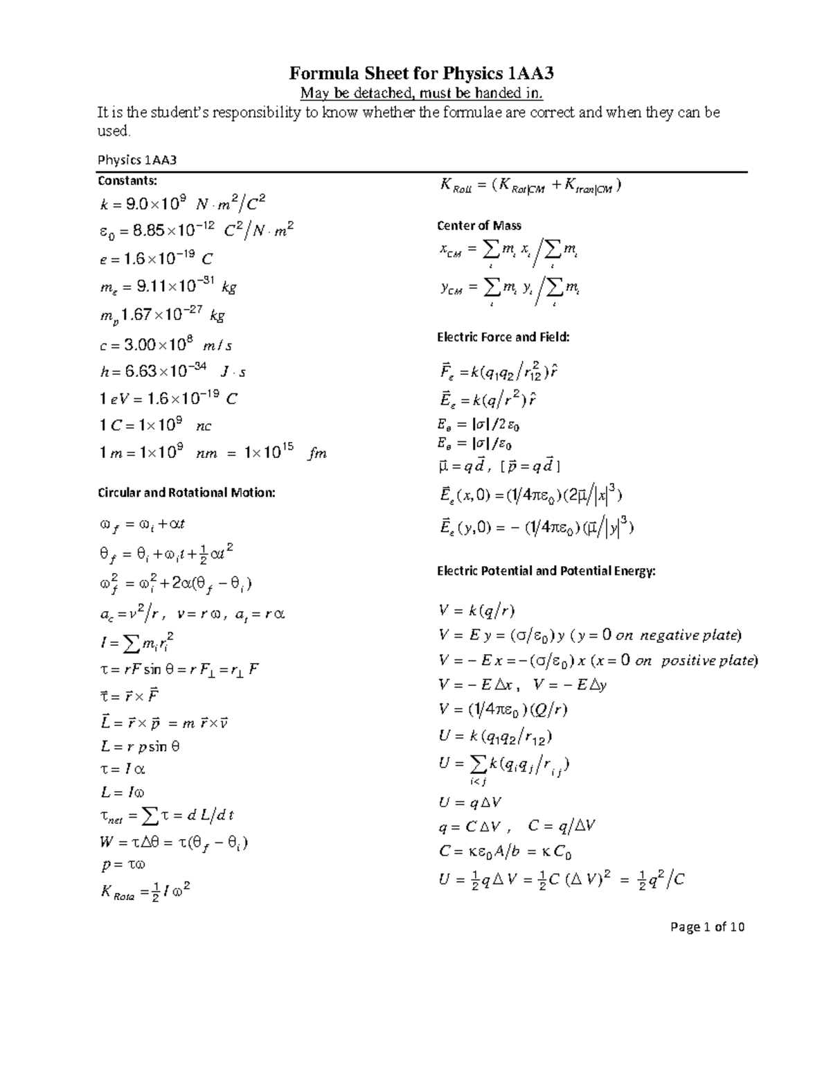 1AA3 Midterm Formula Sheet for Physics Concepts and Equations - Studocu