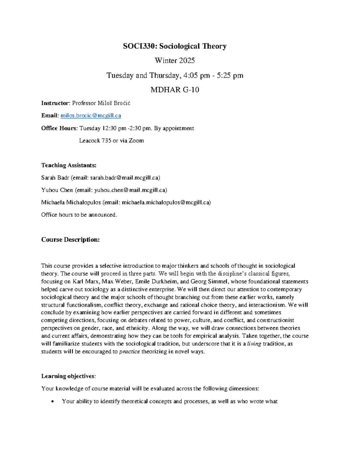 SOCI330: Sociological Theory Syllabus Winter 2025 - Studocu
