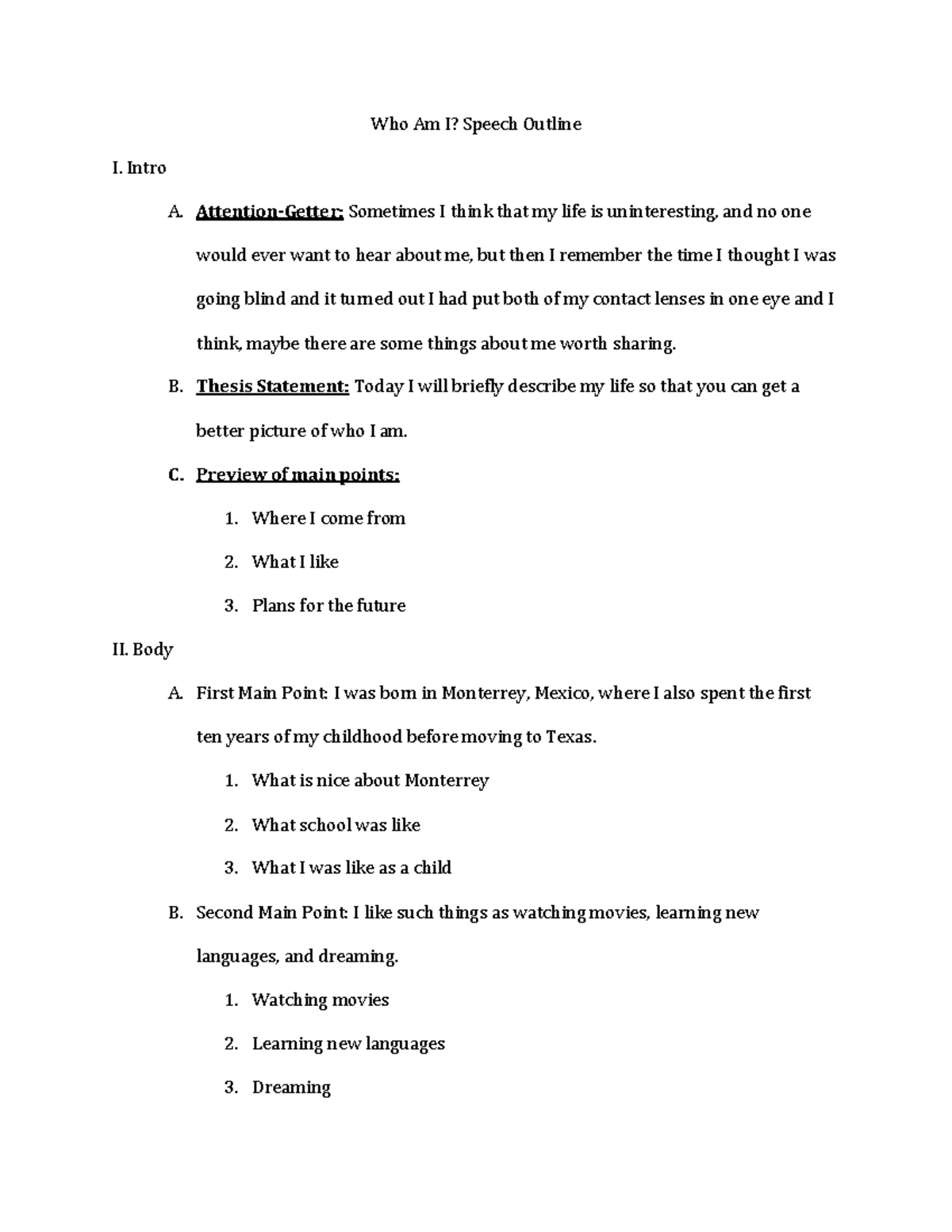 ENG 101: Who Am I? Speech Outline and Key Points - Studocu