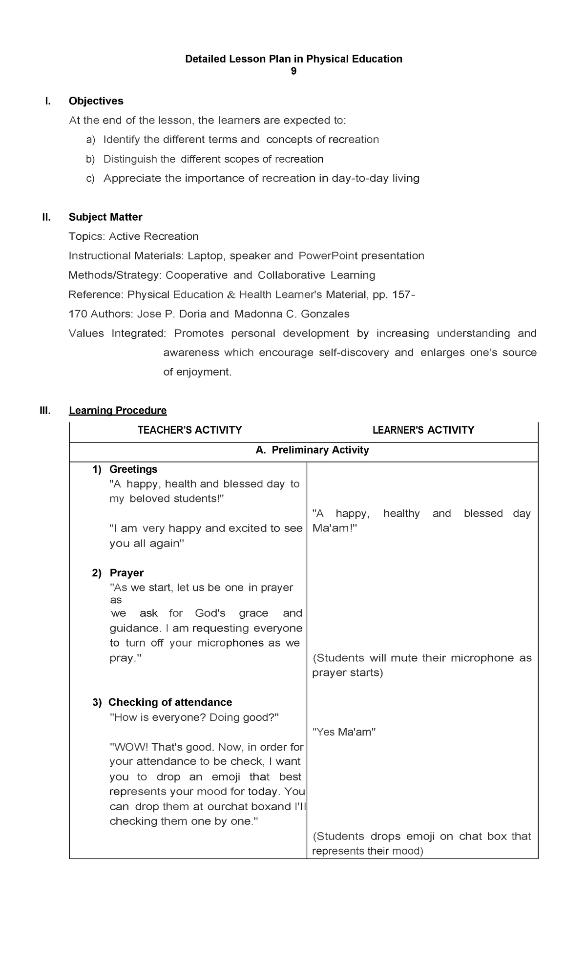 Active Recreation - PE101 LESSON PLAN Overview and Activities - Studocu