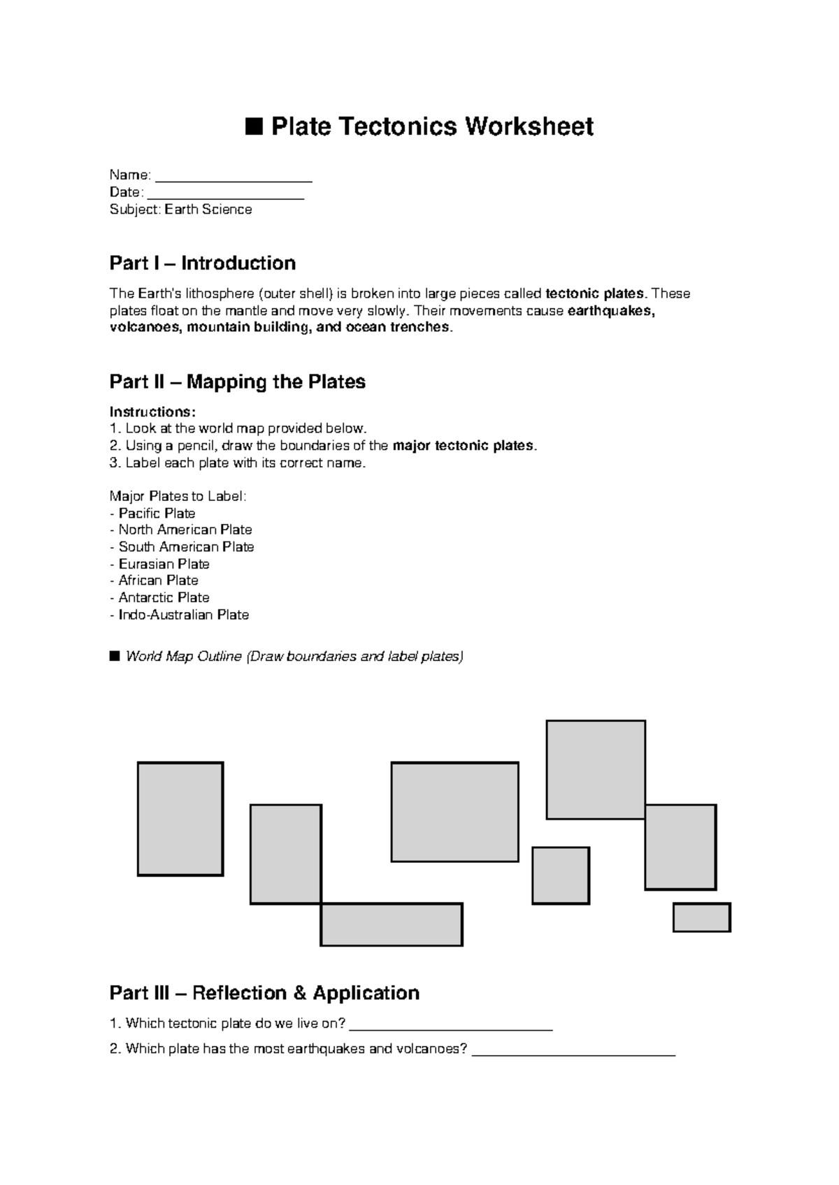 Earth Science Plate Tectonics Worksheet: Mapping Major Plates - Studocu