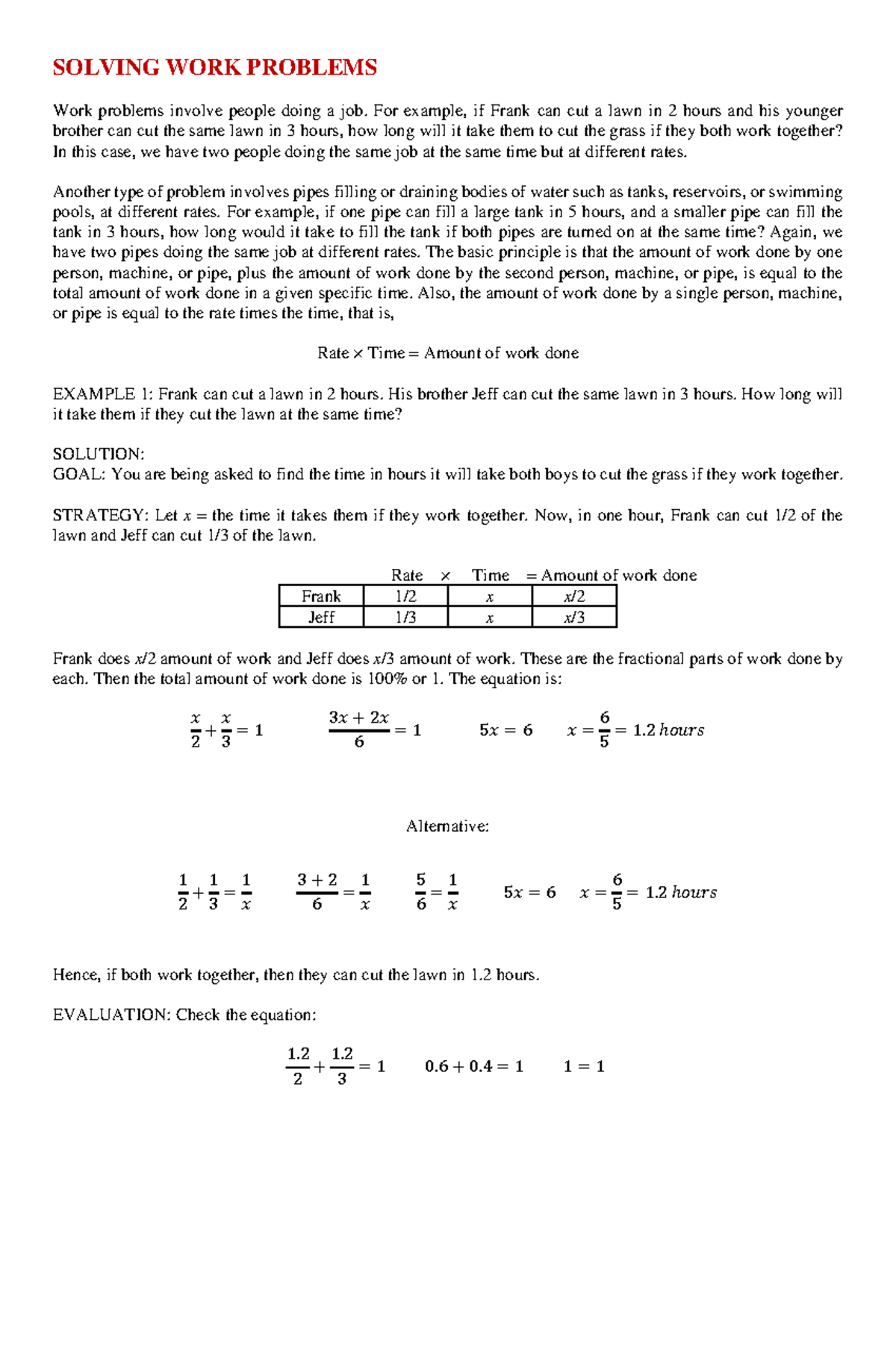 Title: MATH 101: Solving Work Problems Involving Rates and Time - Studocu
