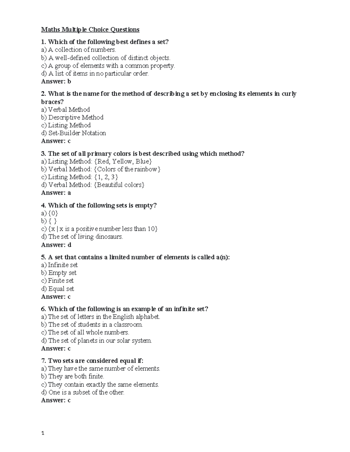 Maths MCQs on Set Theory Concepts - Studocu